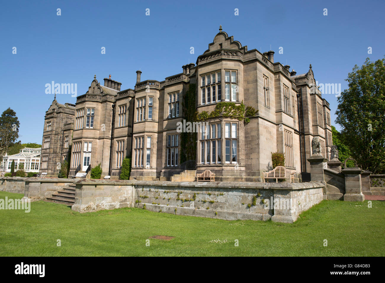 Matfen Hall in Northumberland, England. The Neo-Gothic manor house is a ...
