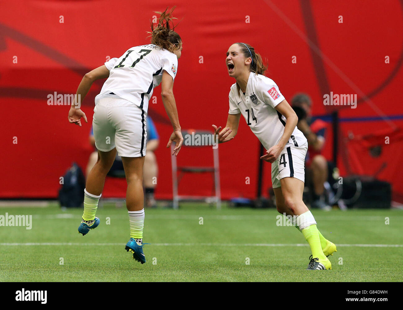 United States' Tobin Heath (17) celebrates her goal with Morgan Brian ...