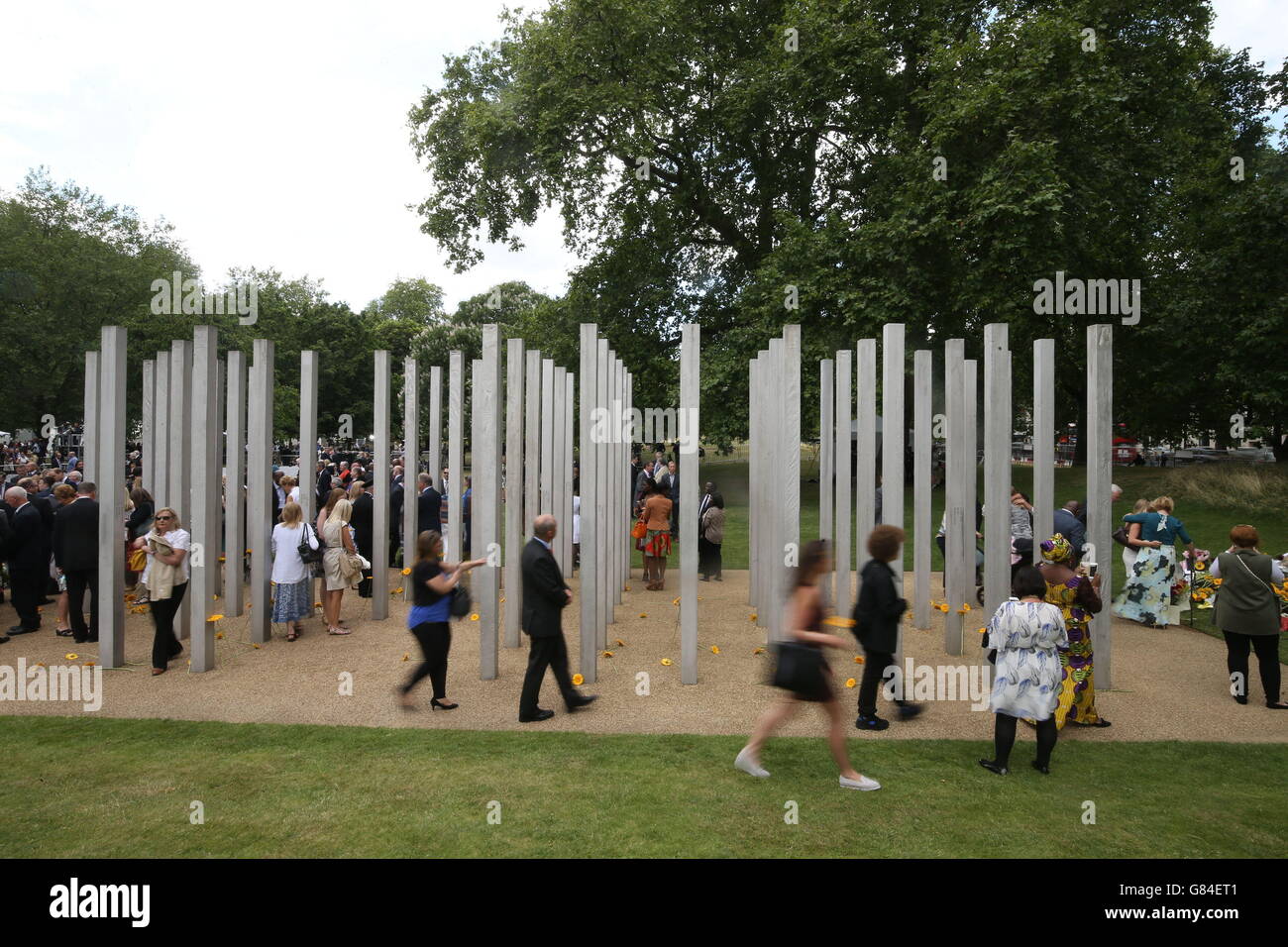 People walk through the July 7 memorial in Hyde Park, London, following ...