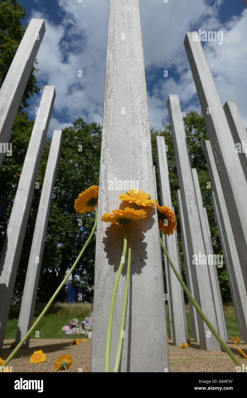 Flowers to left at the July 7 memorial in Hyde Park, London, during a ...