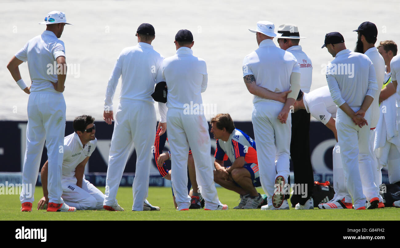 England captain Alastair Cook on the ground after getting hit in the ...