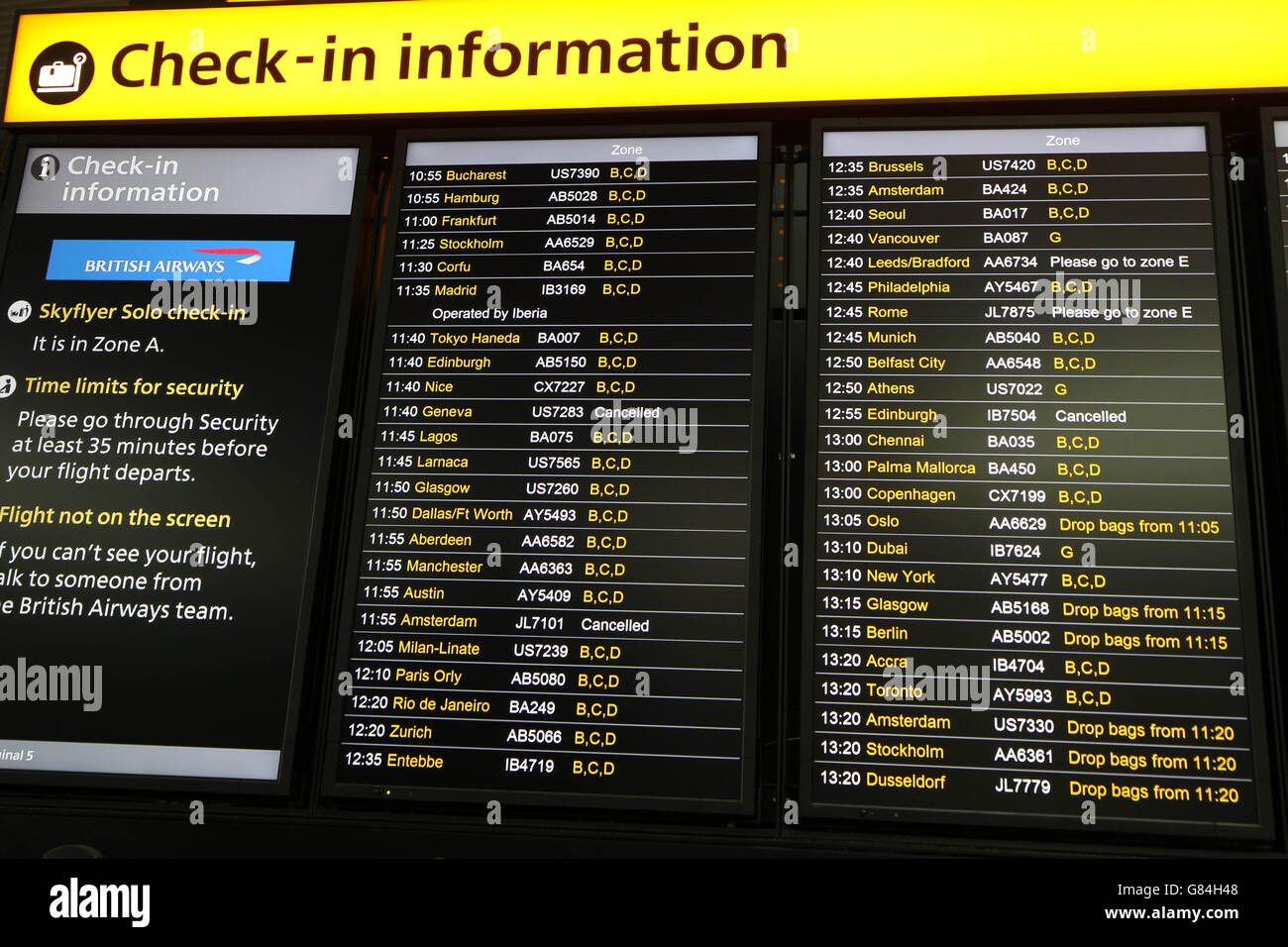 Flight information showing few cancelled flights in terminal heathrow ... Flight information showing few cancelled flights in terminal heathrow ...