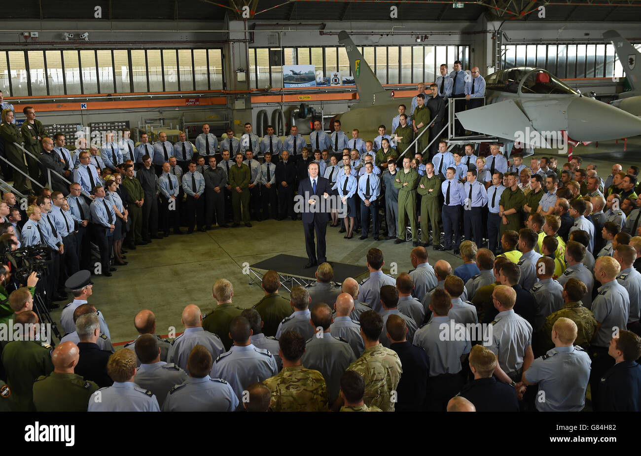 Prime Minister David Cameron addresses RAF airmen and officers during a ...