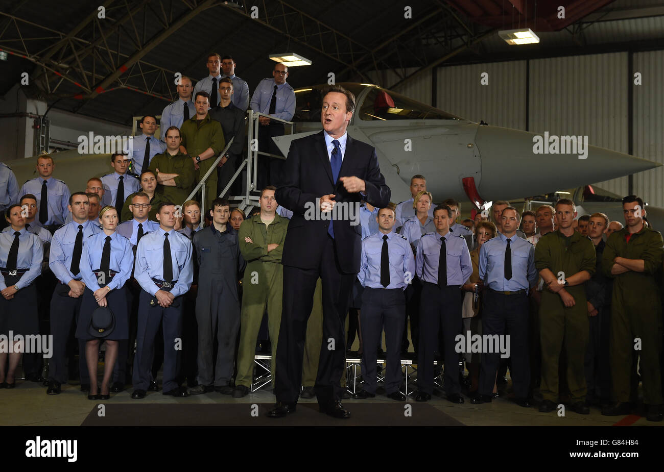 Prime Minister David Cameron addresses RAF airmen and officers during a ...