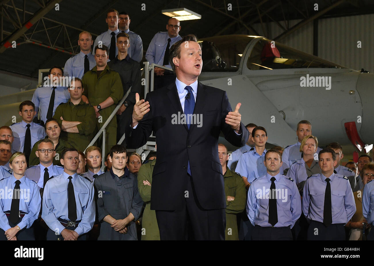Prime Minister David Cameron addresses RAF airmen and officers during a ...