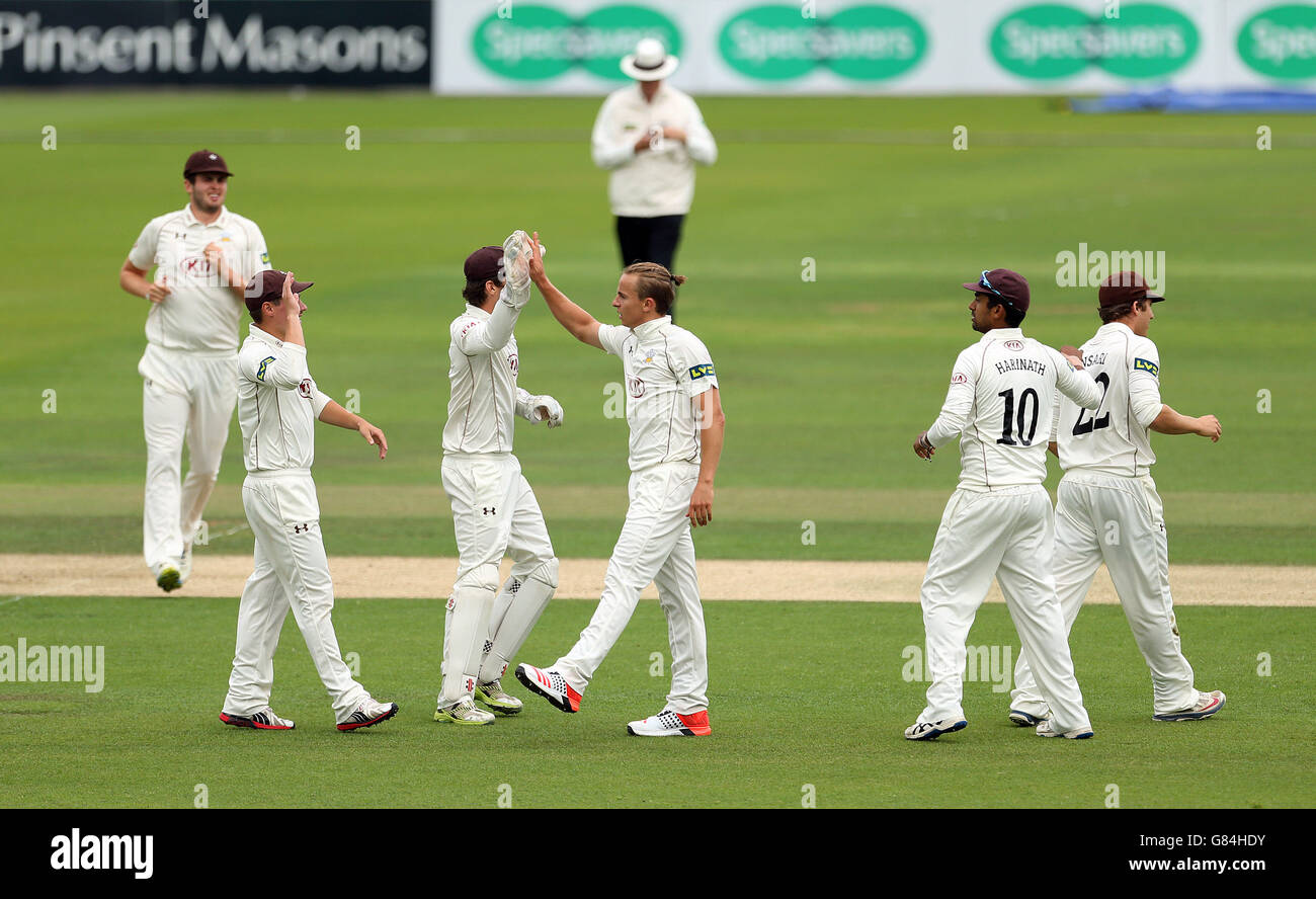Surrey's Tom Curran (C) celebrates the wicket of Kent's Adam Ball Stock ...