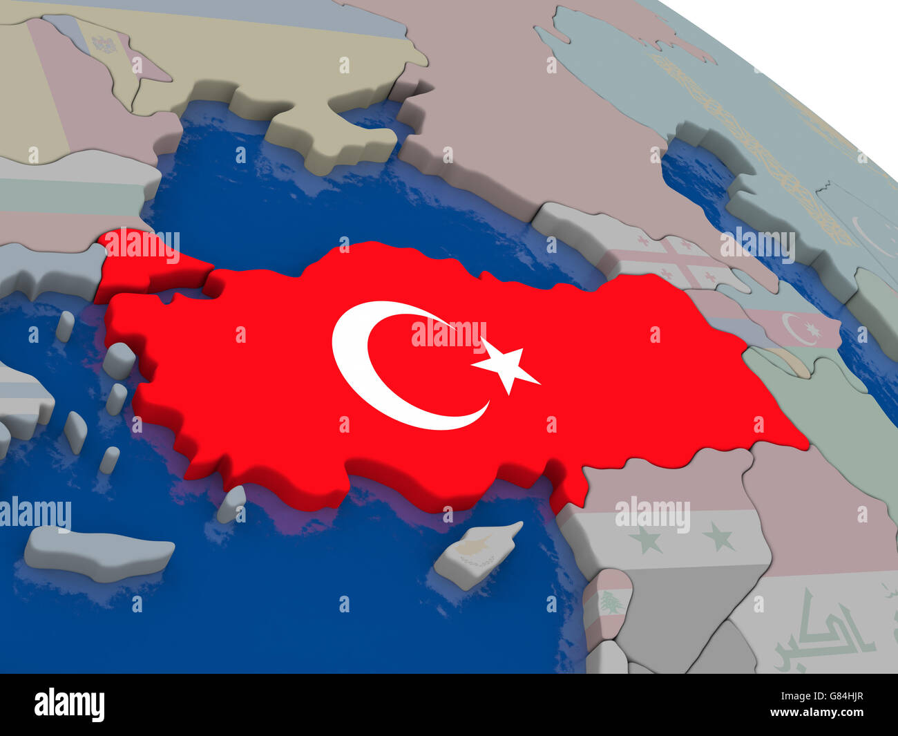 Turkey with flag highlighted on model of globe. 3D illustration Stock ...