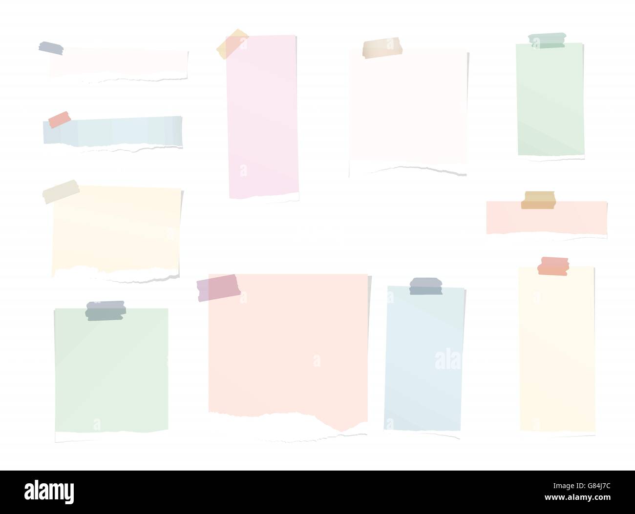 Torn colorful note paper pieces are stuck with sticky tapes on stripes ...