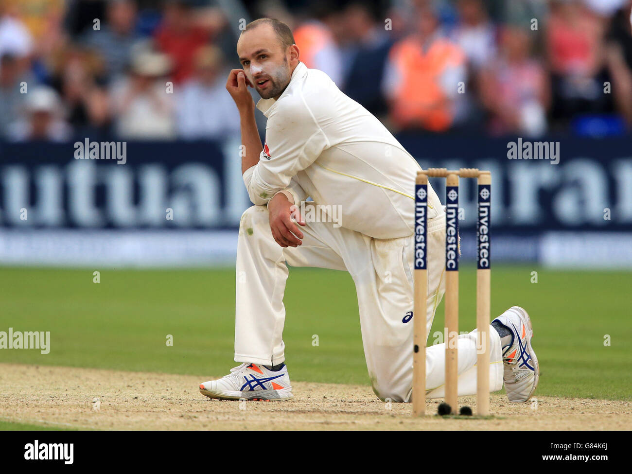 Australia bowler Nathan Lyon shows his fustration as he watches big ...
