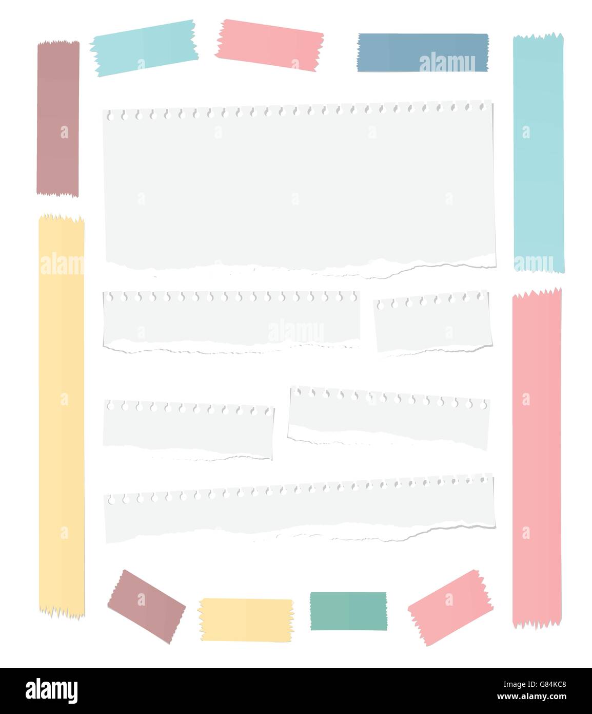 Ripped white blank notebook paper sheets, colorful masking tapes frame ...