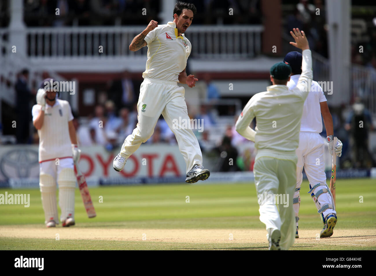 Australia bowler Mitchell Johnson celebrates taking the wicket of ...