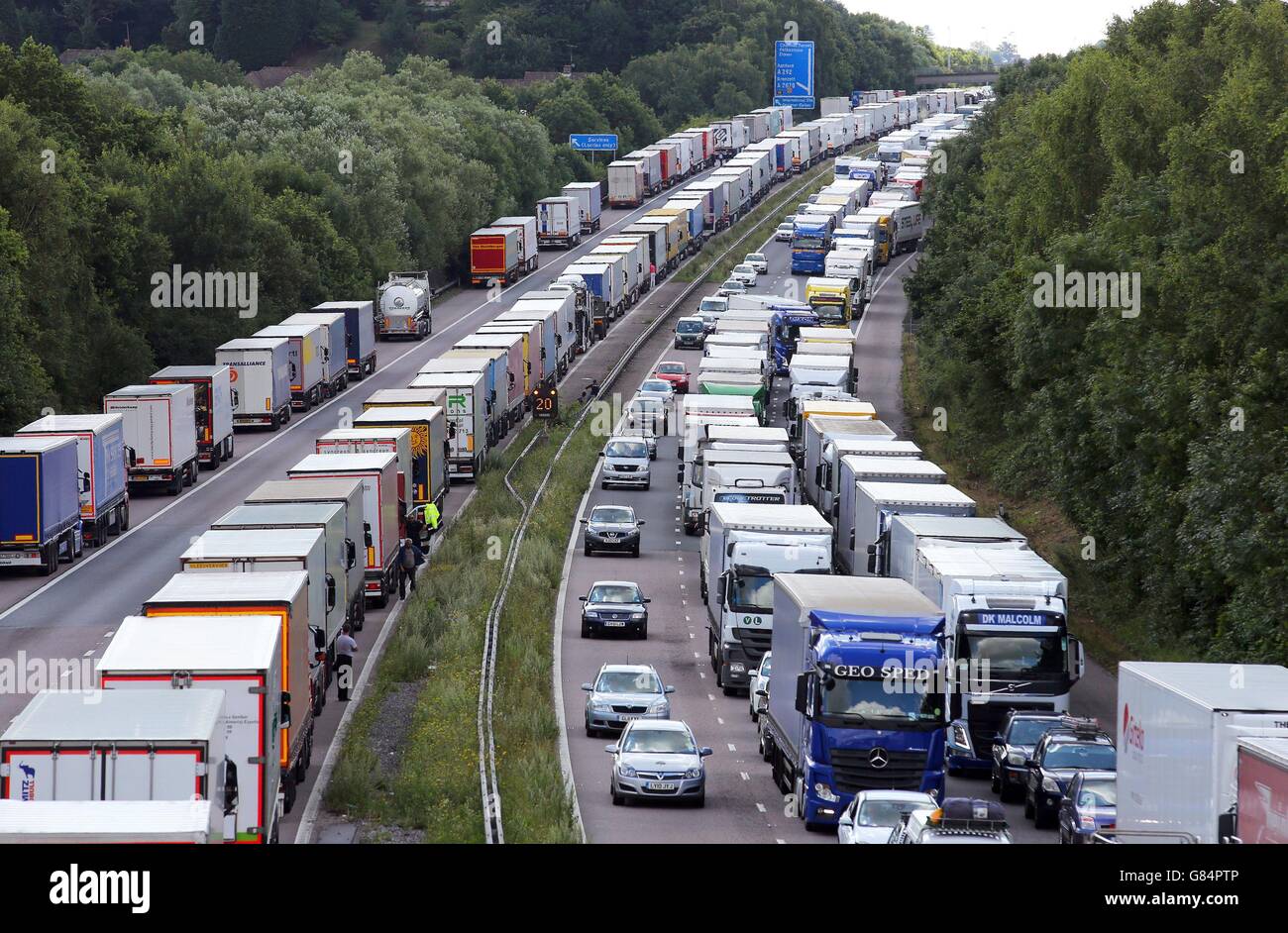 Lorries queued as part of Operation Stack along the north and ...