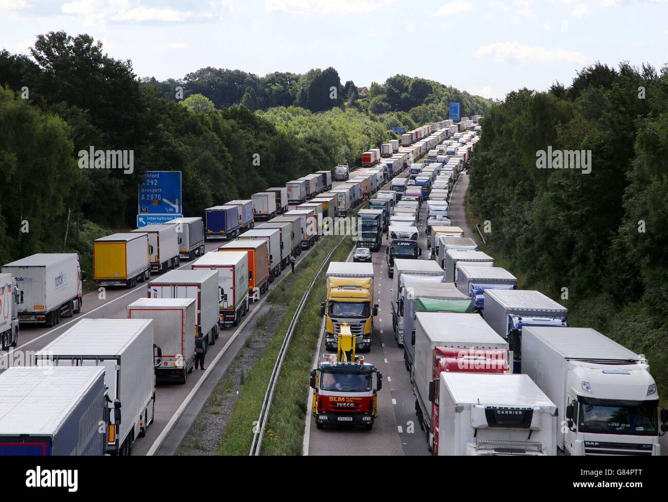 Lorries queued as part of Operation Stack along the north and ...