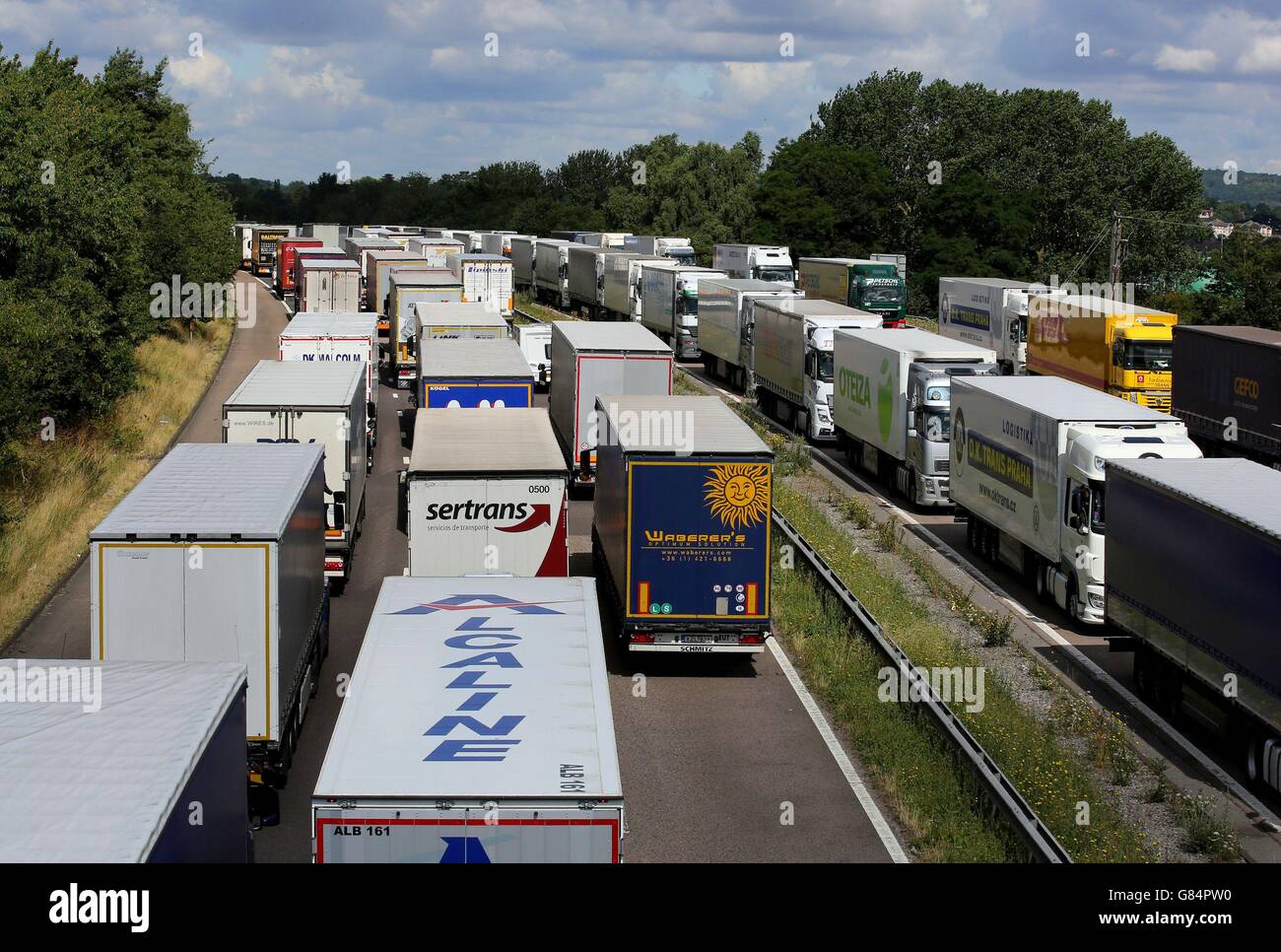 Lorries queued as part of Operation Stack along the north and ...
