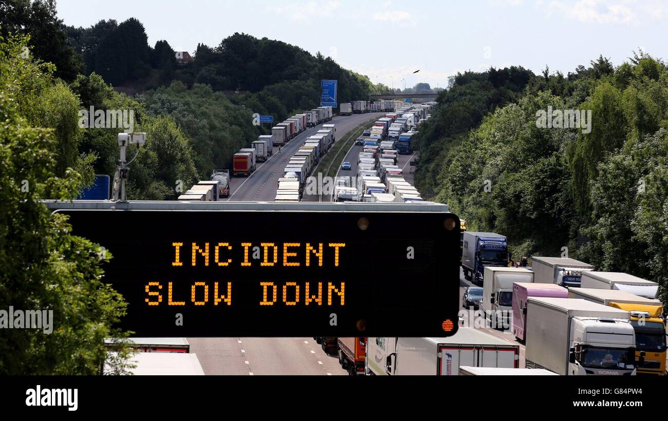 Lorries queued as part of Operation Stack along the north and ...