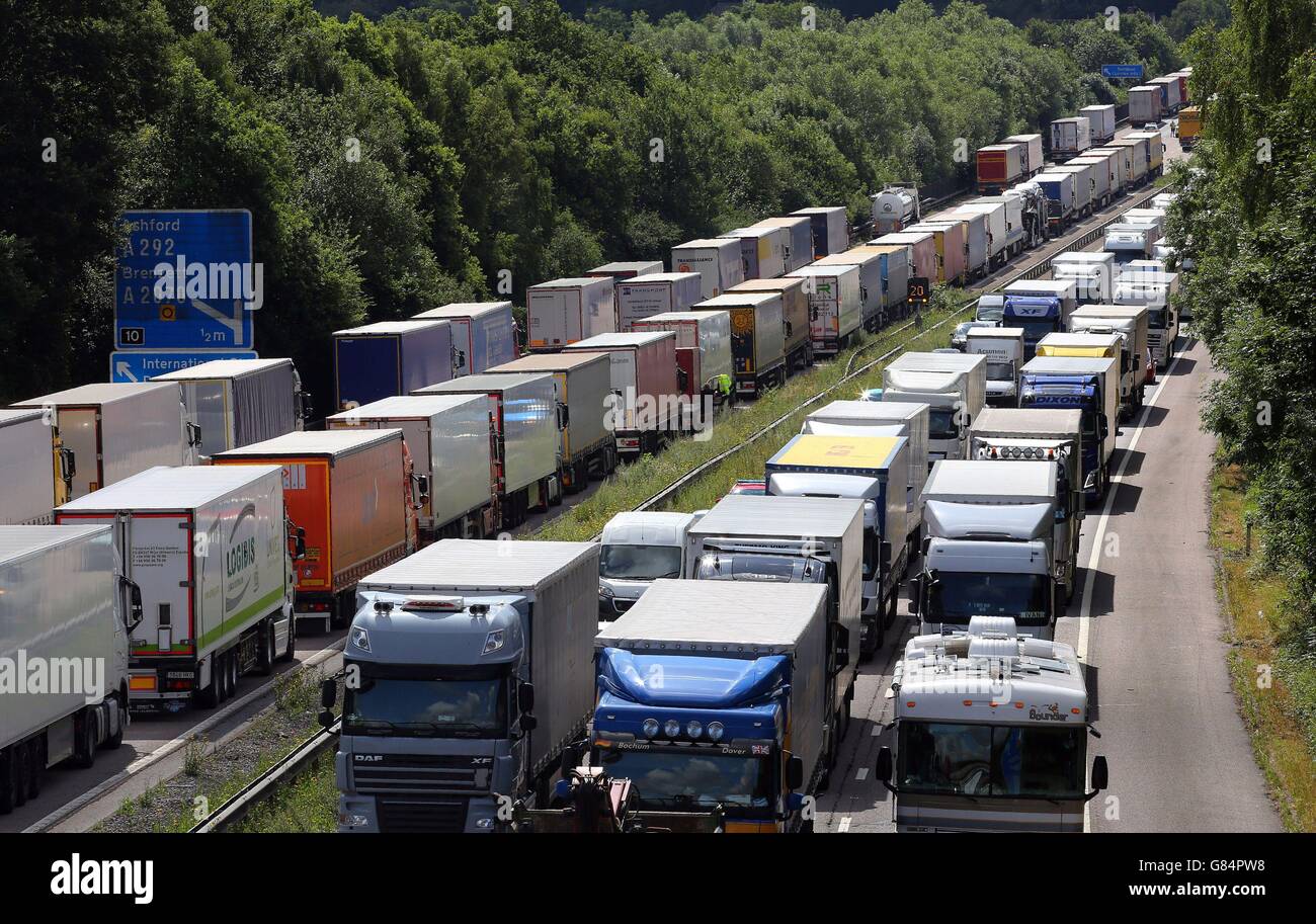 Lorries queued as part of Operation Stack along the north and ...