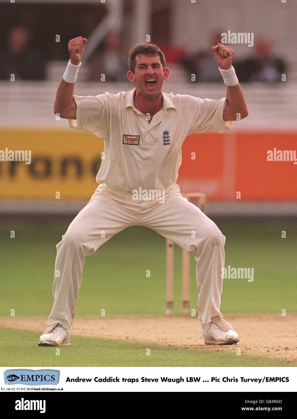 Andrew Caddick celebrates after trapping Steve Waugh LBW Stock Photo ...