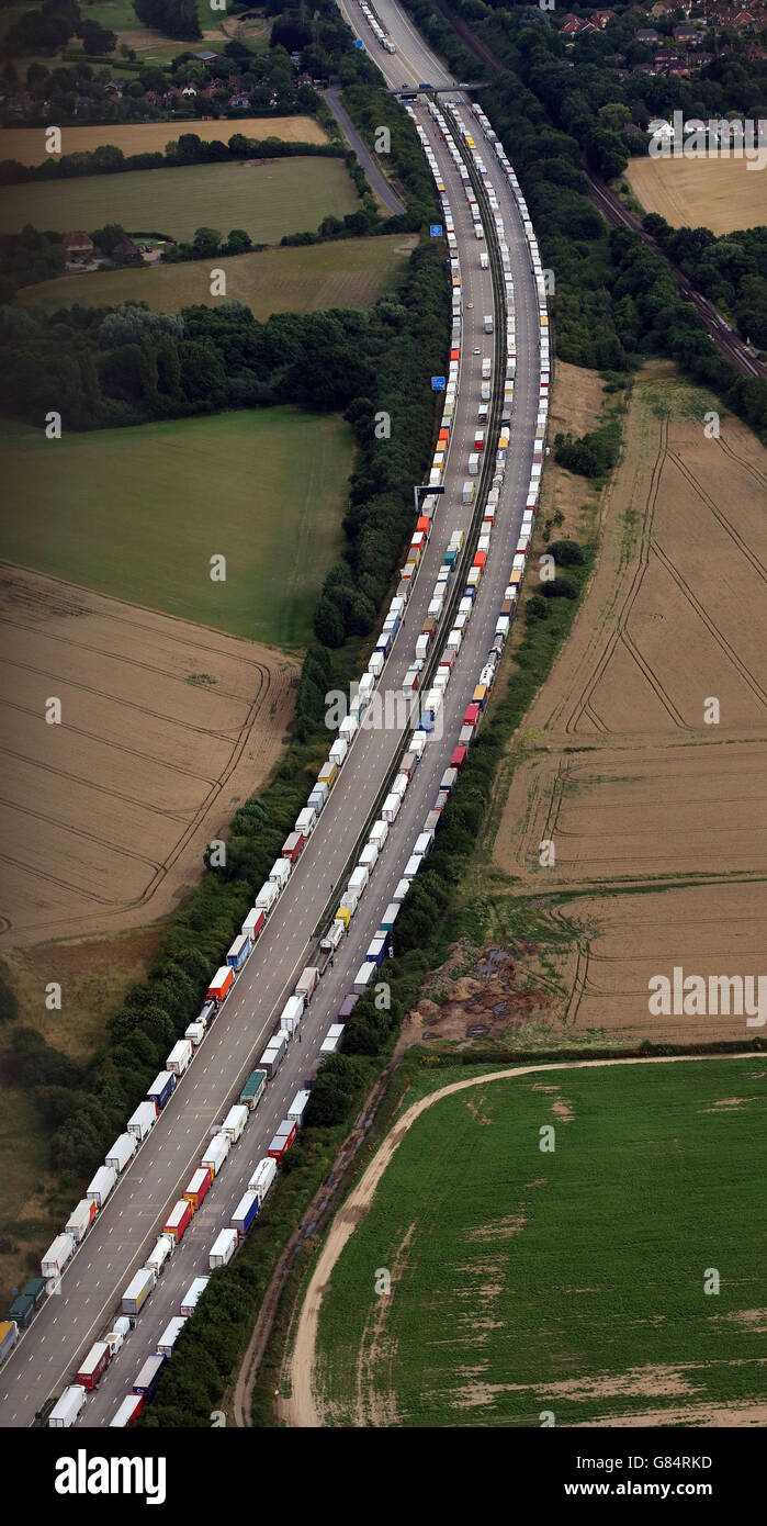 Lorries queued as part of Operation Stack along the north and ...