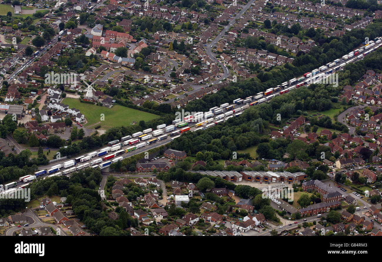 Lorries queued as part of Operation Stack along the north and ...