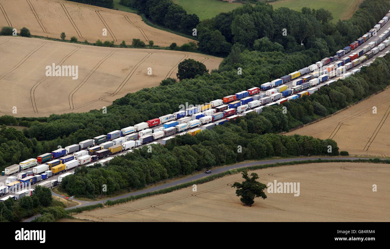 Lorries queued as part of Operation Stack along the north and ...