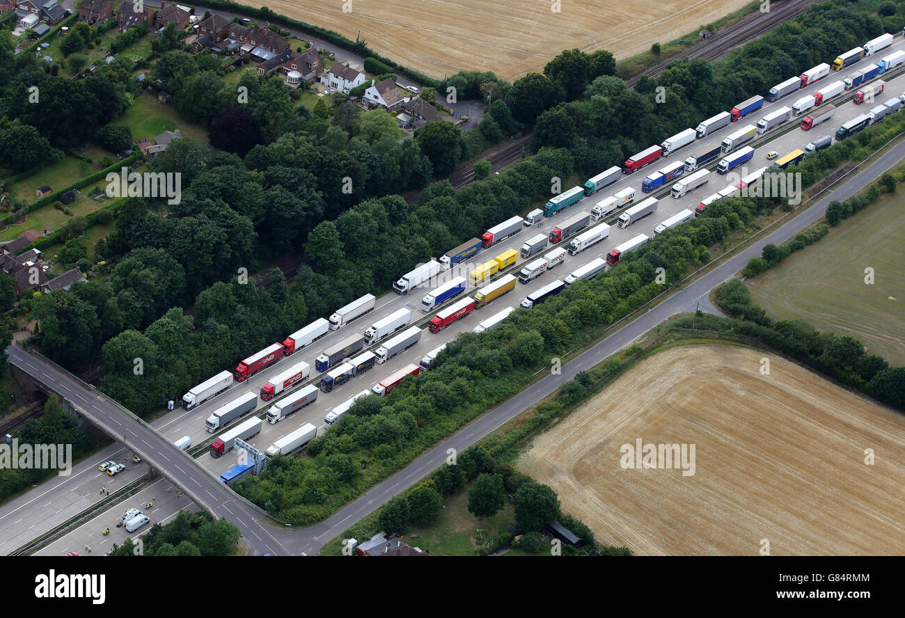 Lorries queued as part of Operation Stack along the north and ...
