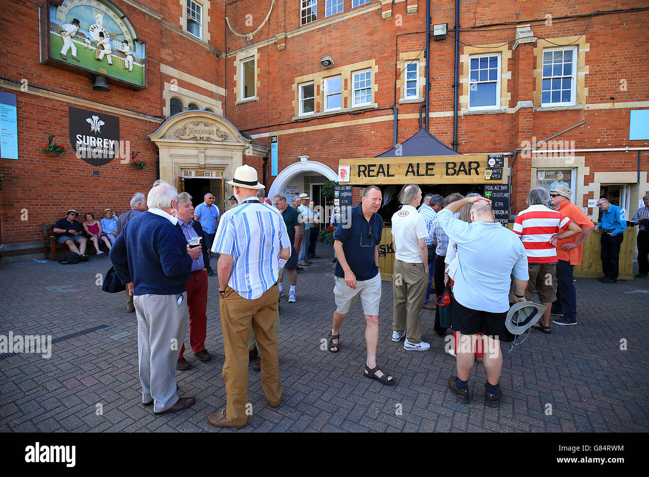 Fans partake in a visit to the Real Ale Bar outside The Kia Oval Stock ...