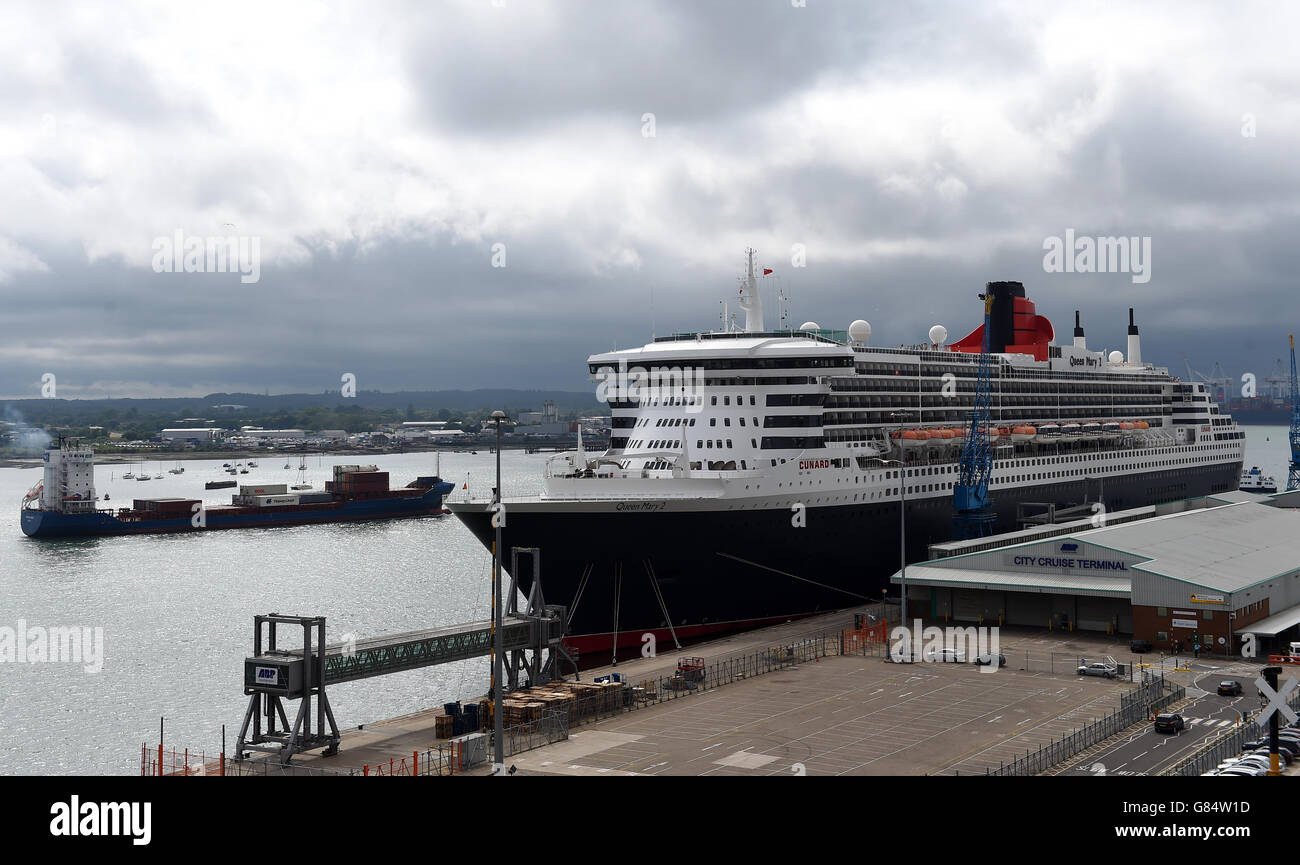 General view of Cunard's Cruise ship Queen Mary 2 port side at Berth ...