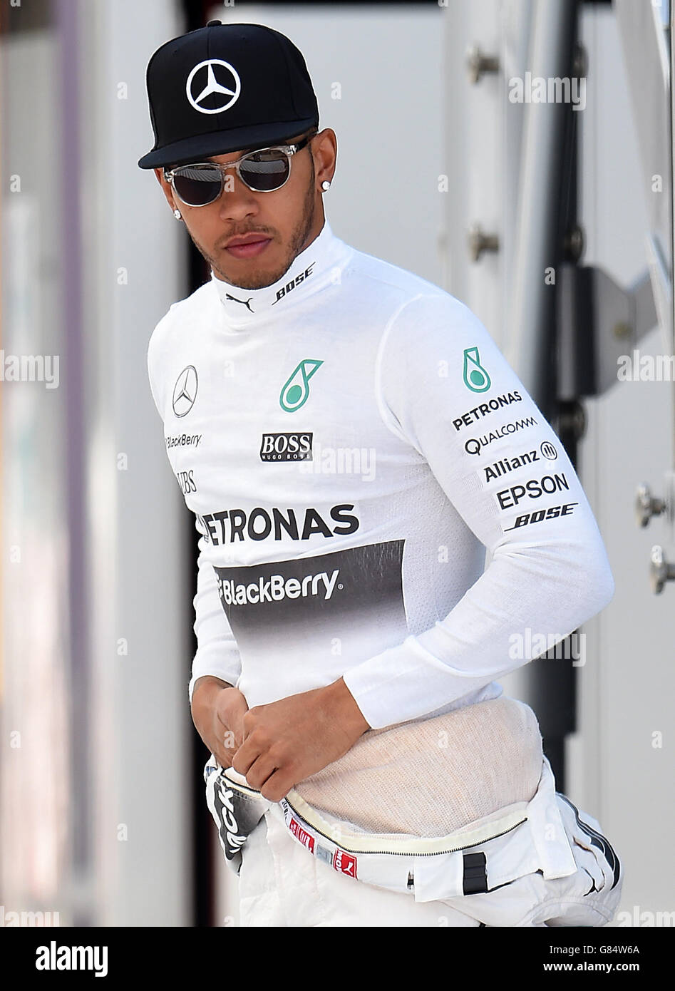 Mercedes' Lewis Hamilton exits the Mercedes' motor home during practice ...