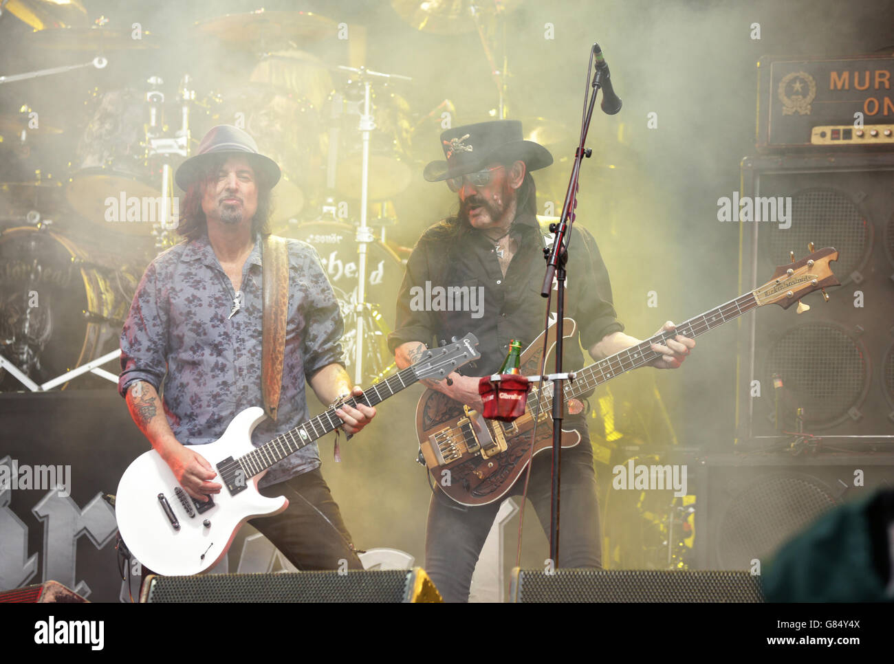 Motorhead performing on the Pyramid Stage at the Glastonbury Festival ...