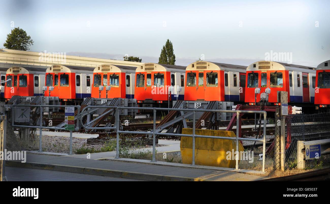 District Line tube trains parked at the Upminster depot, London, as ...