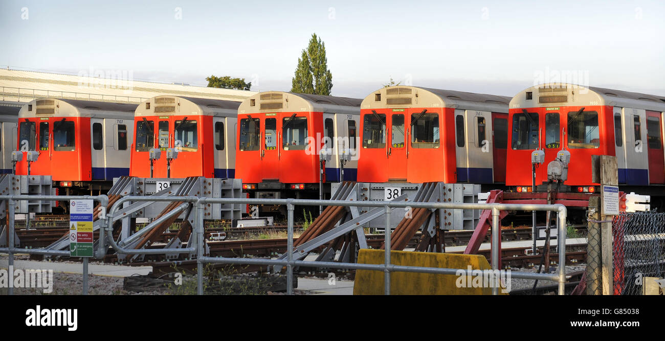 District Line tube trains parked at the Upminster depot, London, as ...