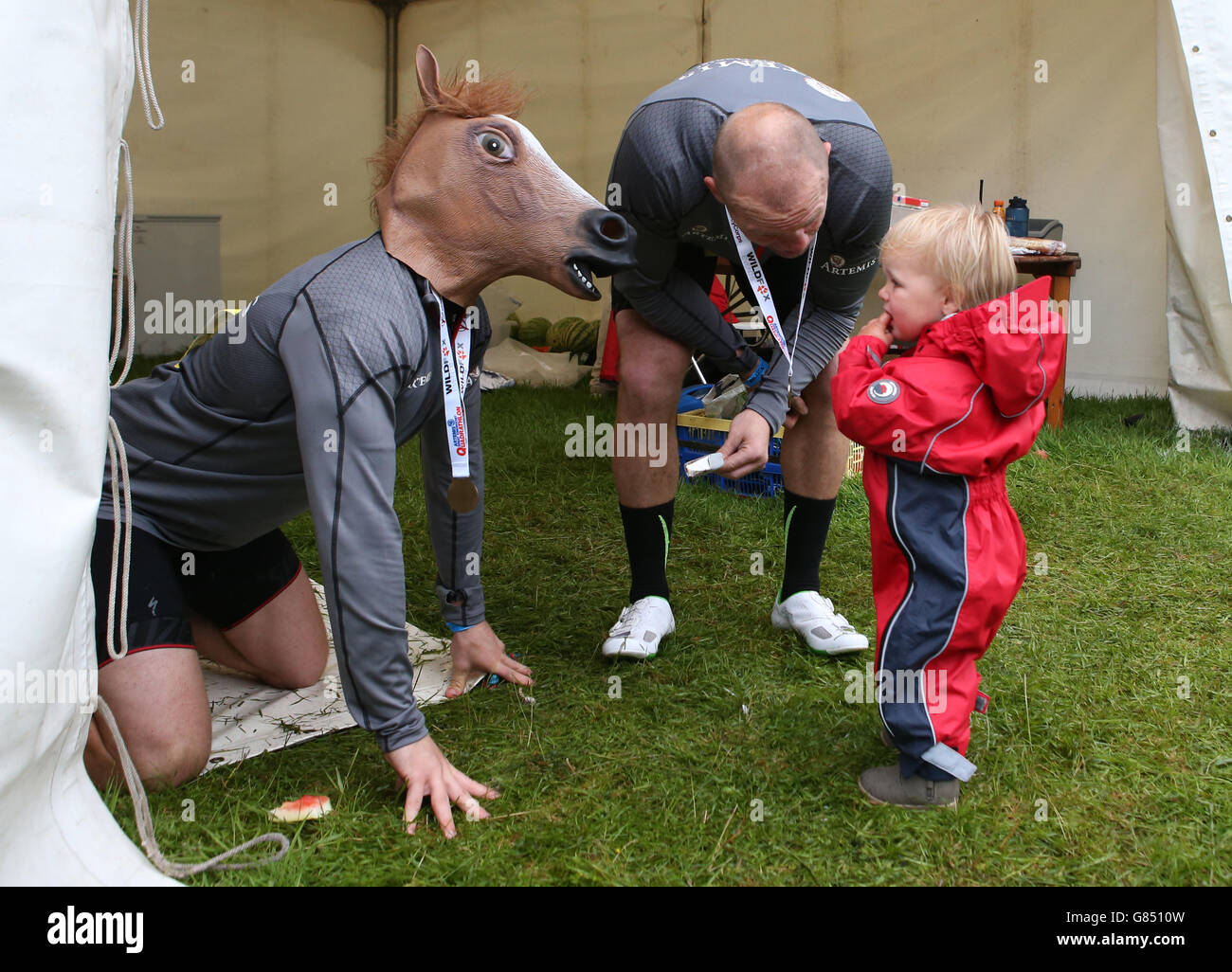 Mike Tindall (centre) and Rory Lawson (wearing mask) play with Tindall ...
