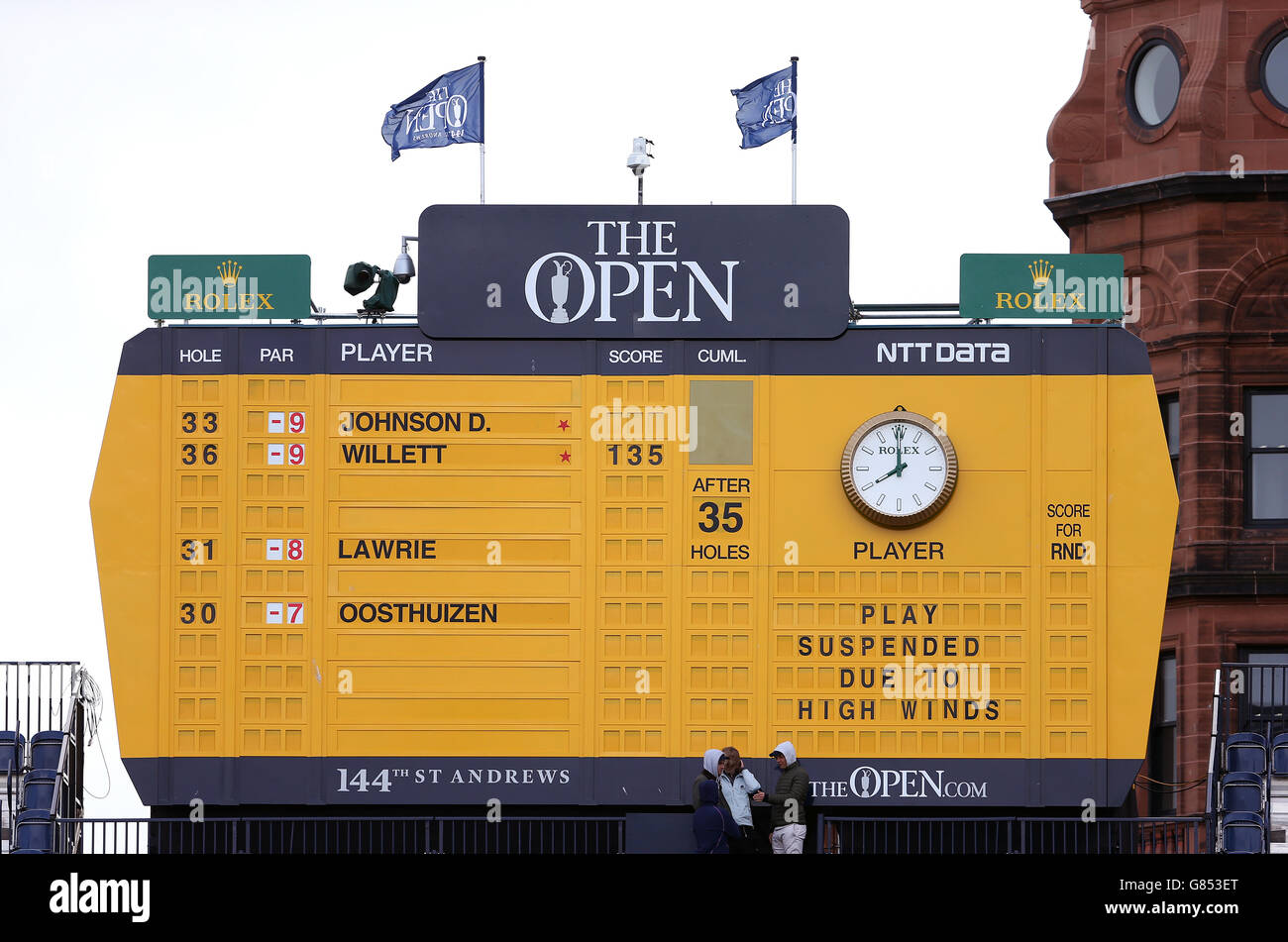 A view of flags blowing on the top of the scoreboard as high winds ...