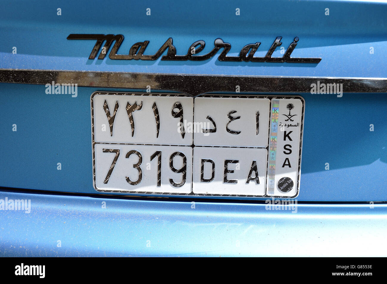 The number plate of a matt finish blue maserati hi-res stock ...