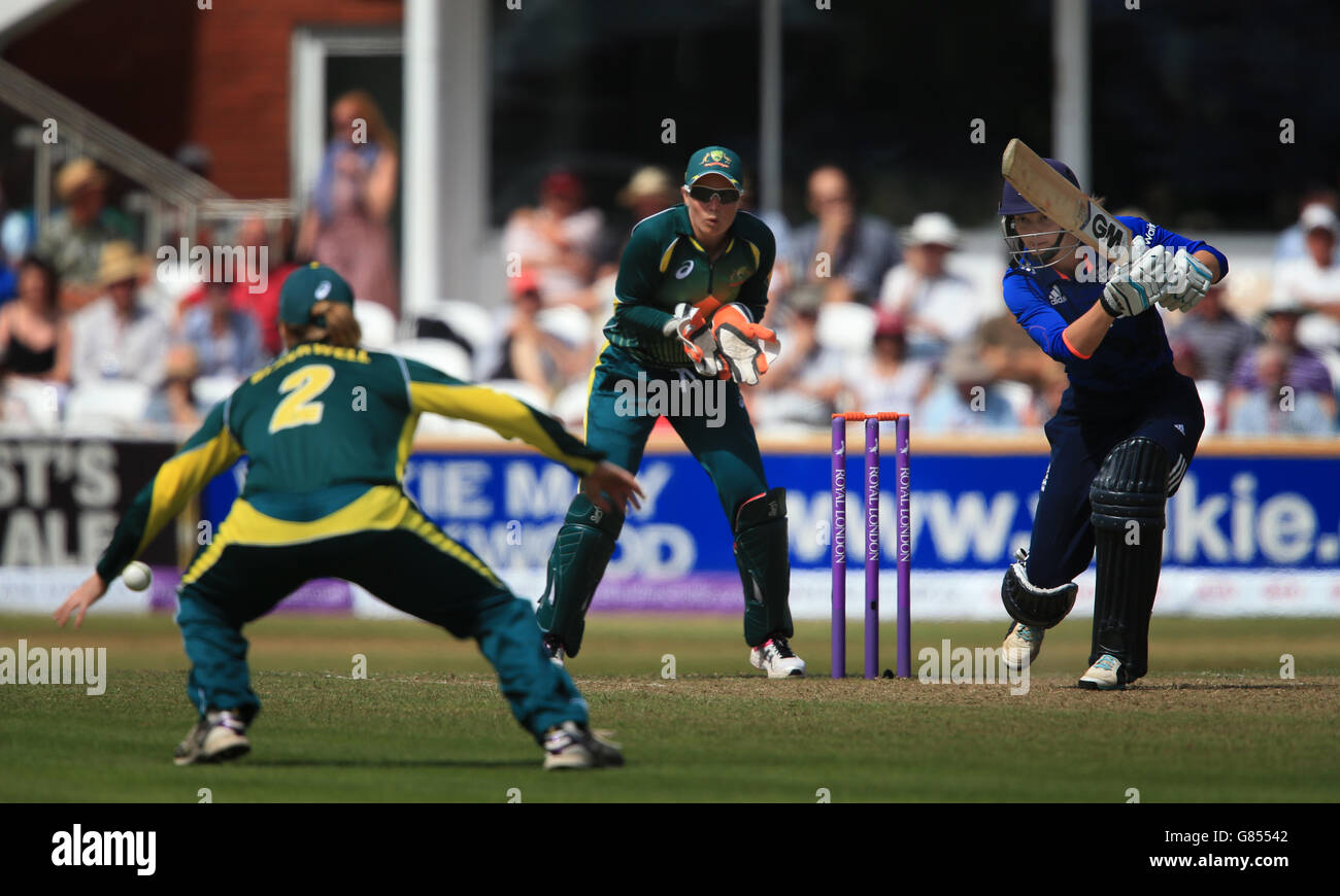 England batter Amy Jones drives the ball watched by Australia ...
