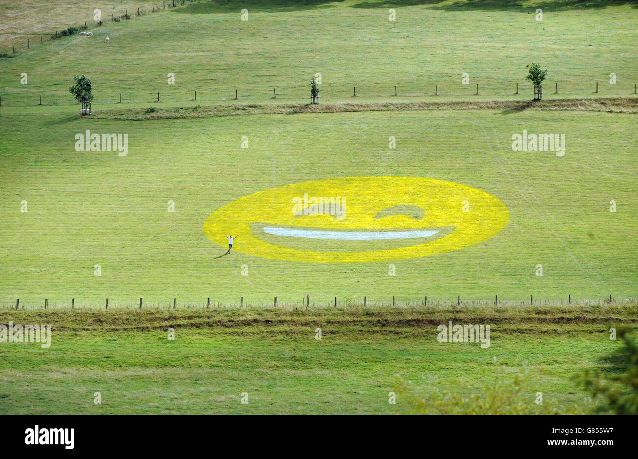 EDITORIAL USE ONLY A 100-foot painting of a smiling emoji icon has been ...
