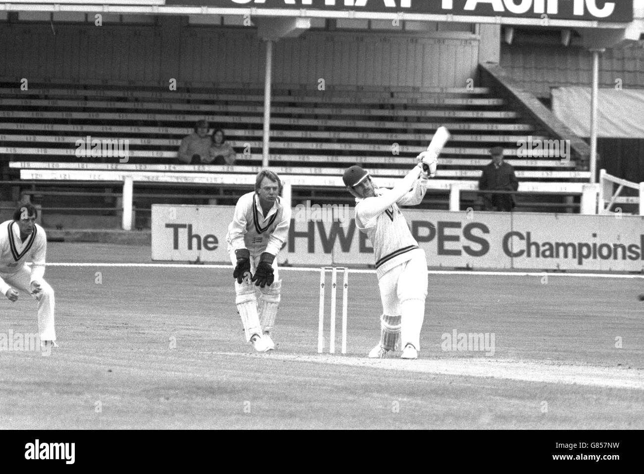 Nottinghamshire captain Clive Rice hits a two off the bowling of ...