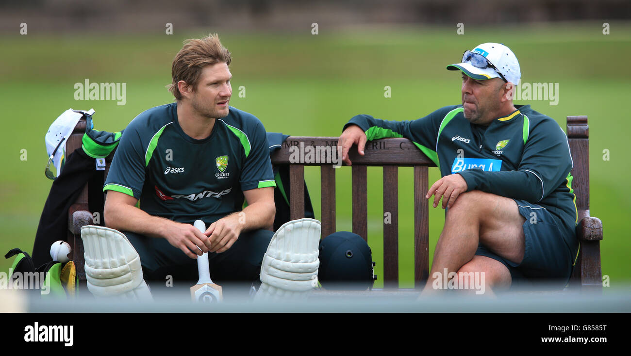 Australia's Shane Watson (left) chats with coach Darren Lehmann during ...