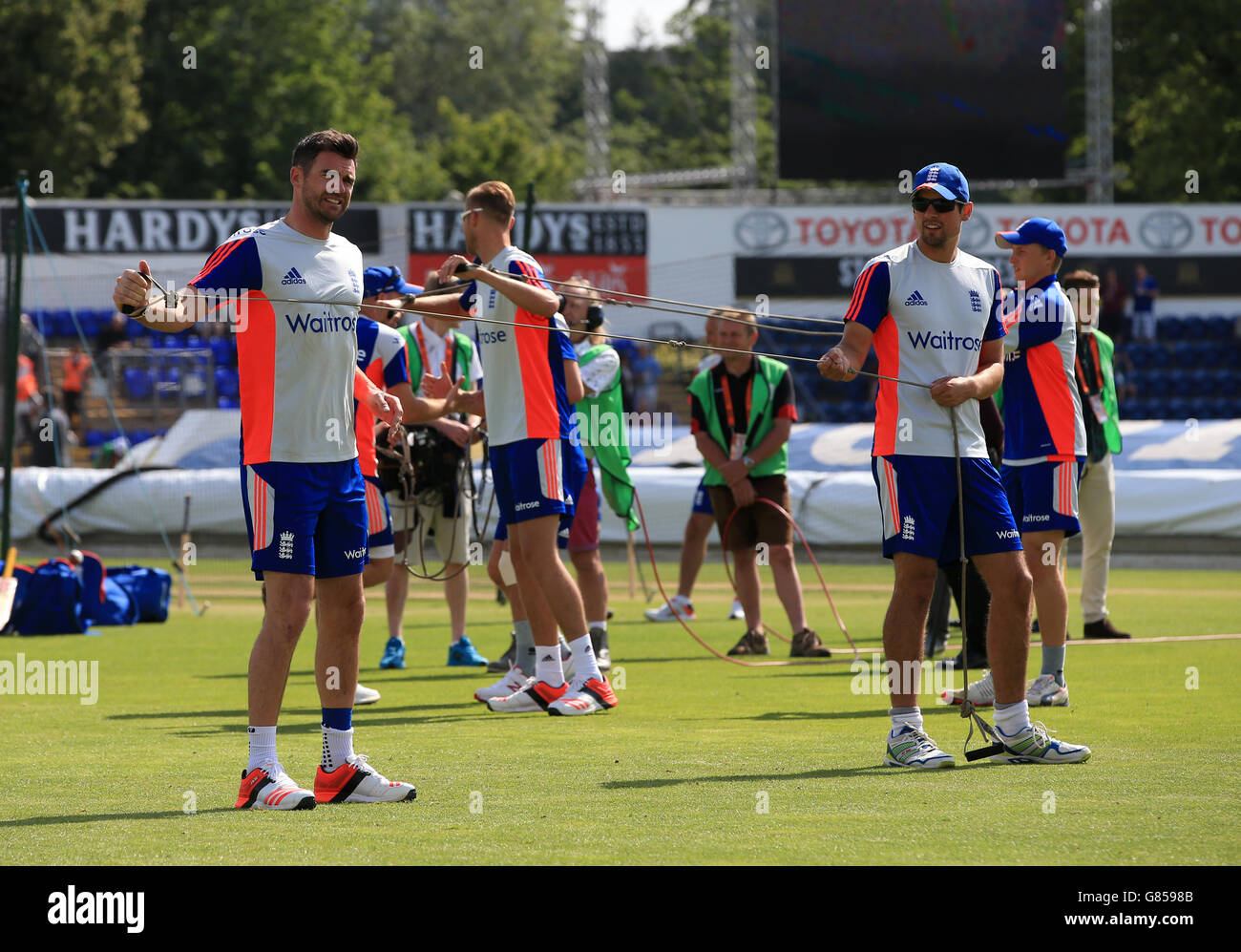 England players James Anderson (left) and captain Alastair Cook during ...