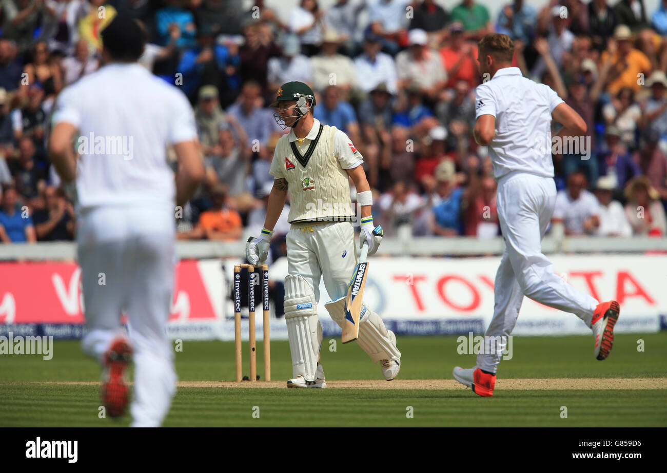 England bowler Stuart Broad celebrates taking the wicket of Australia's ...