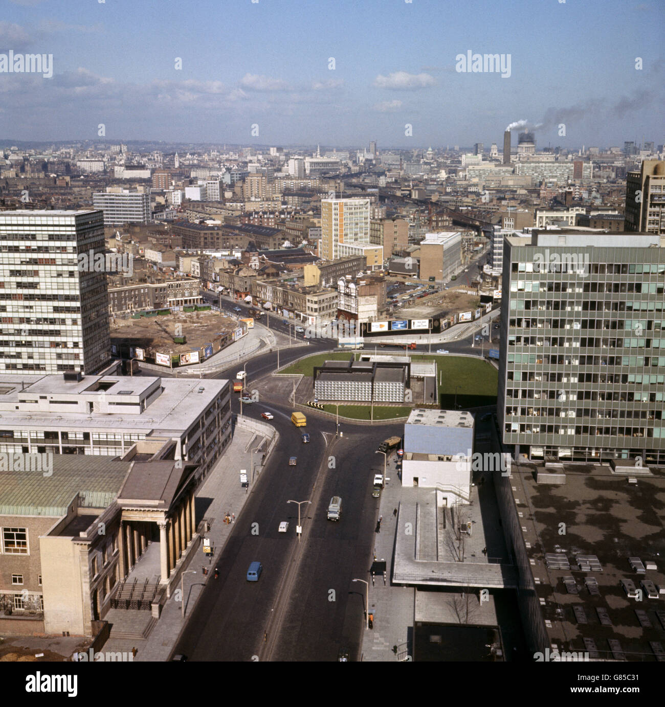 High up view of redevelopment in the Elephant & Castle area of London ...