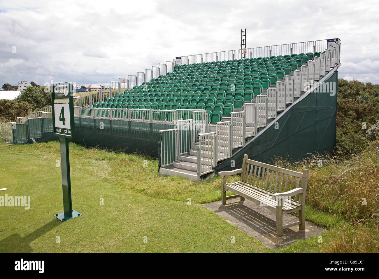 Temporary grandstand at the 4th tee for the Open Golf championship at ...