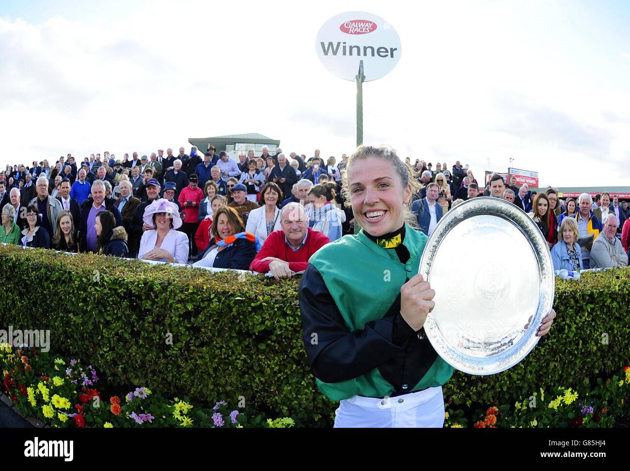 Jockey Kate Harrington with the trophy after her win on Modem in the ...