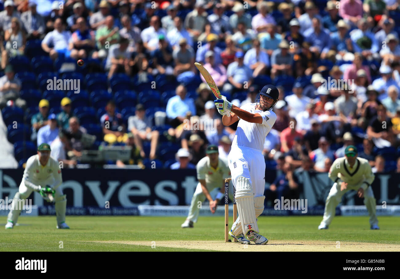 England batsman Alastair Cook pulls the ball square to score 4 runs off ...