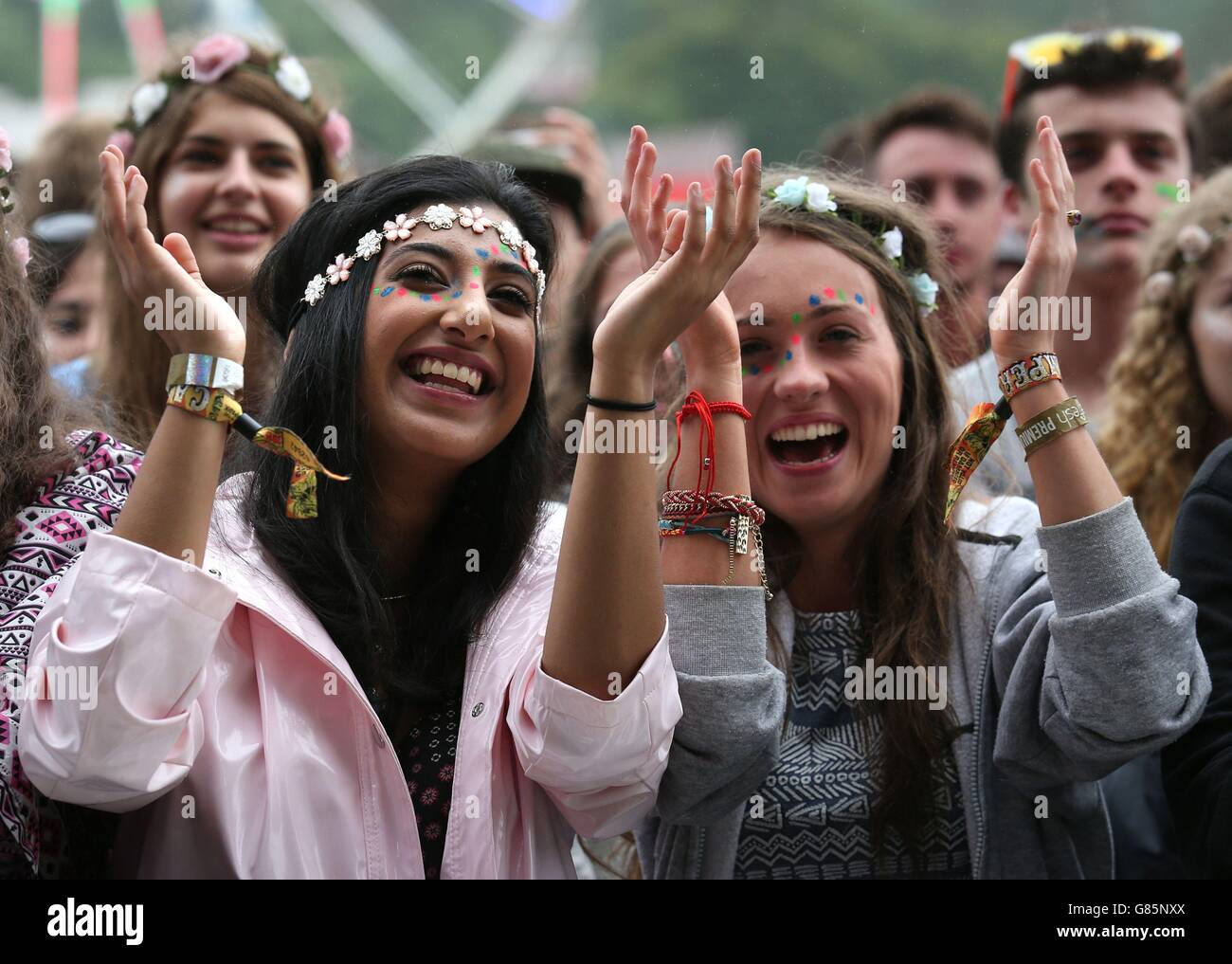 Music fans arrive at the main stage at the T in the Park music festival ...