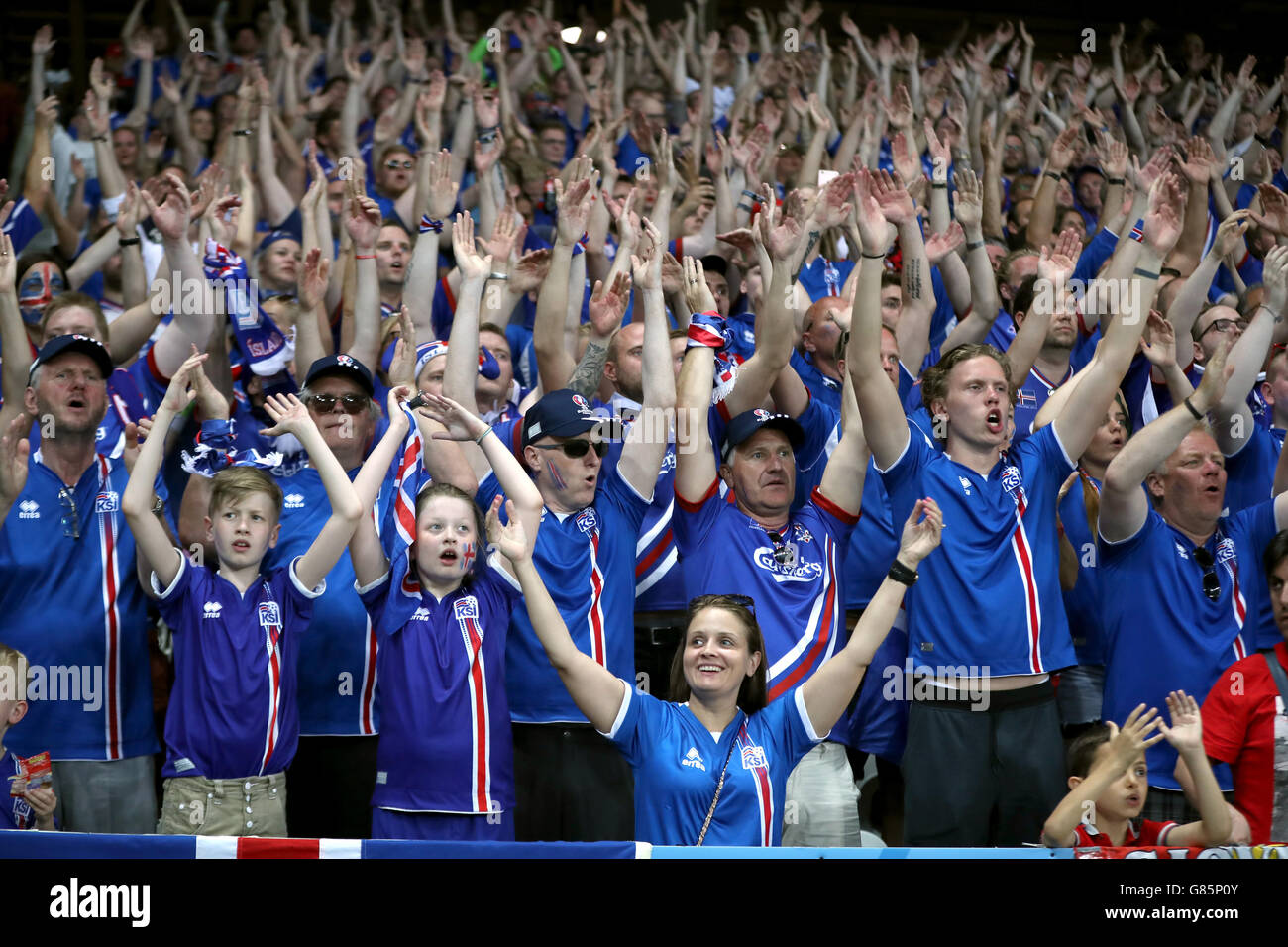 Iceland fans cheer on his side in the stands during the Round of 16 ...