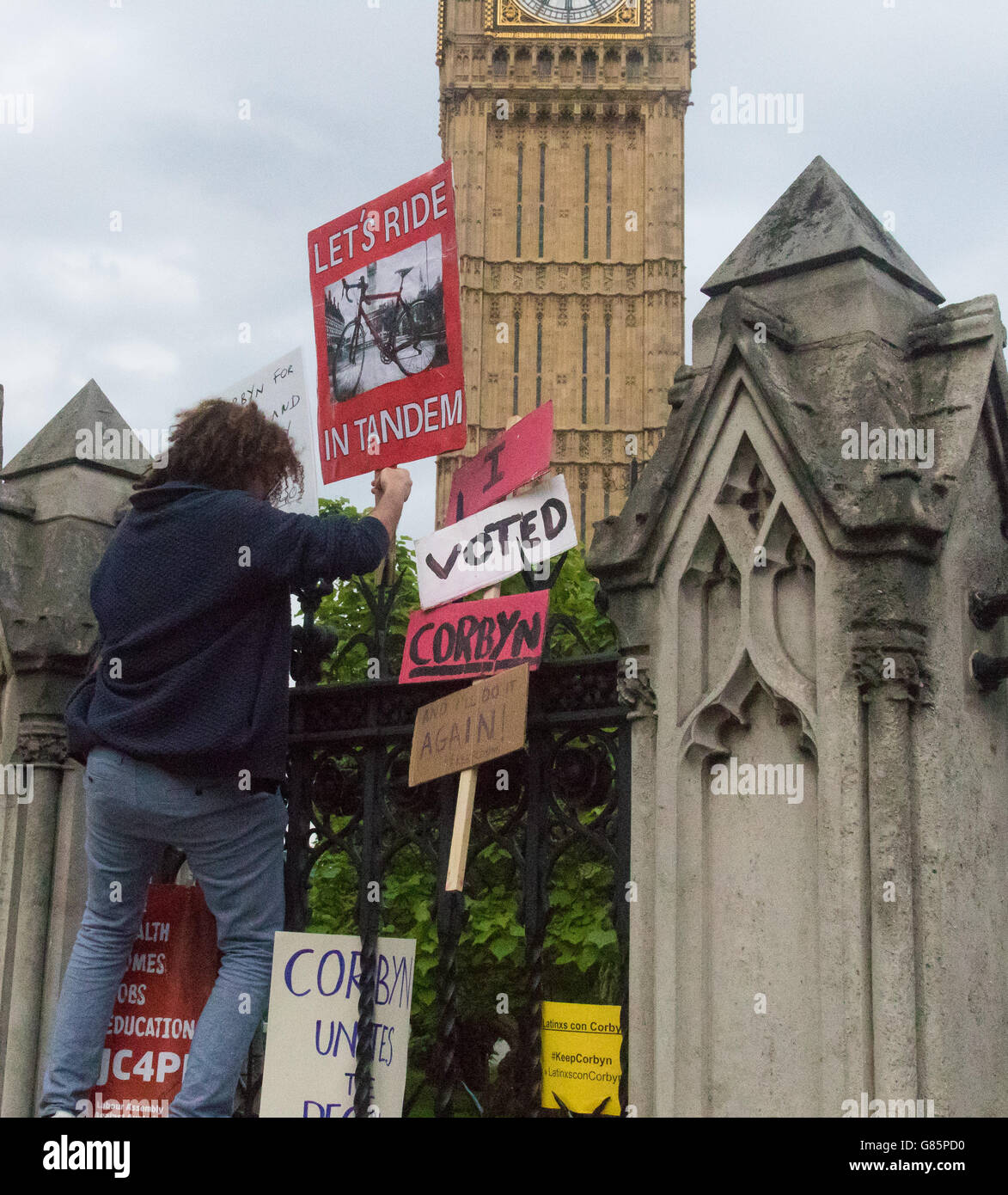 Placards supporting embattled Labour Leader Jeremy Corbyn festoon the ...