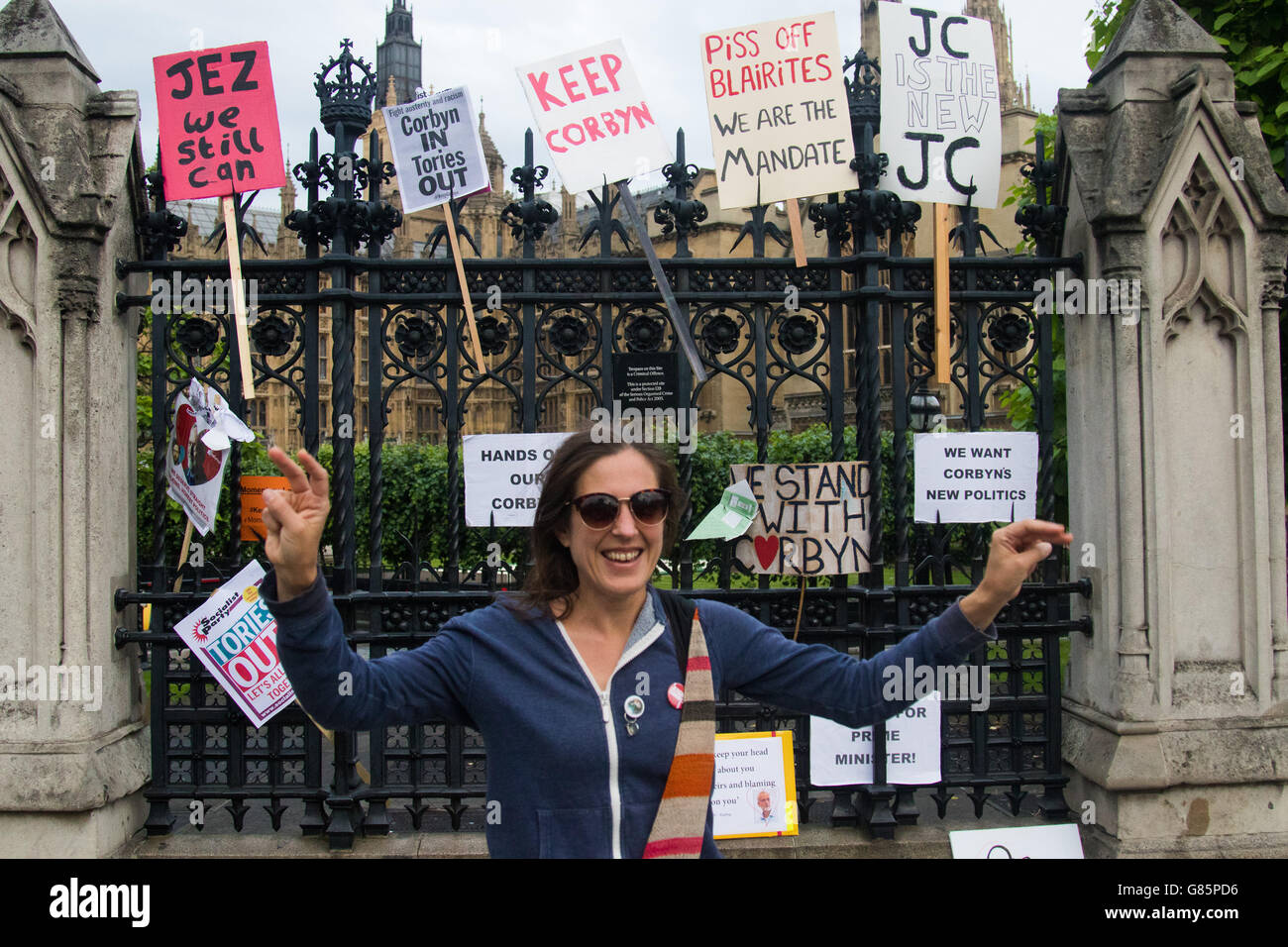 Placards supporting embattled Labour Leader Jeremy Corbyn festoon the ...