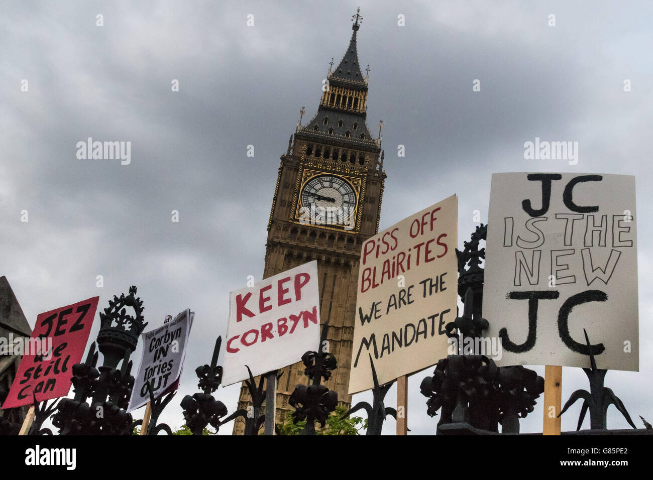 Placards supporting embattled Labour Leader Jeremy Corbyn festoon the ...
