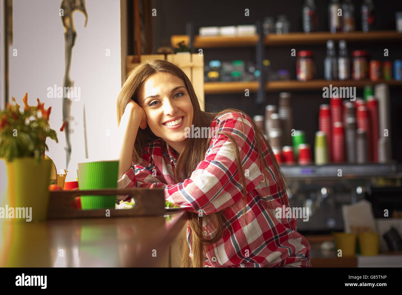 Portrait of beautiful lady in cafe Stock Photo - Alamy